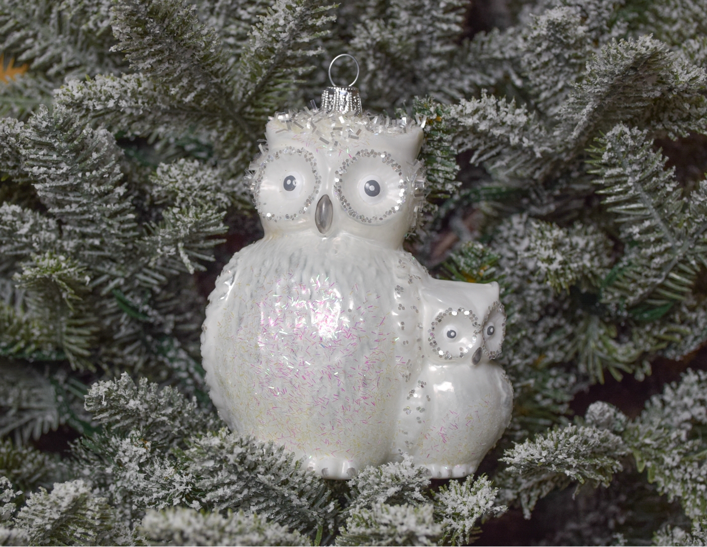 Boule de Noël hiboux blanc avec paillettes en verre soufflé