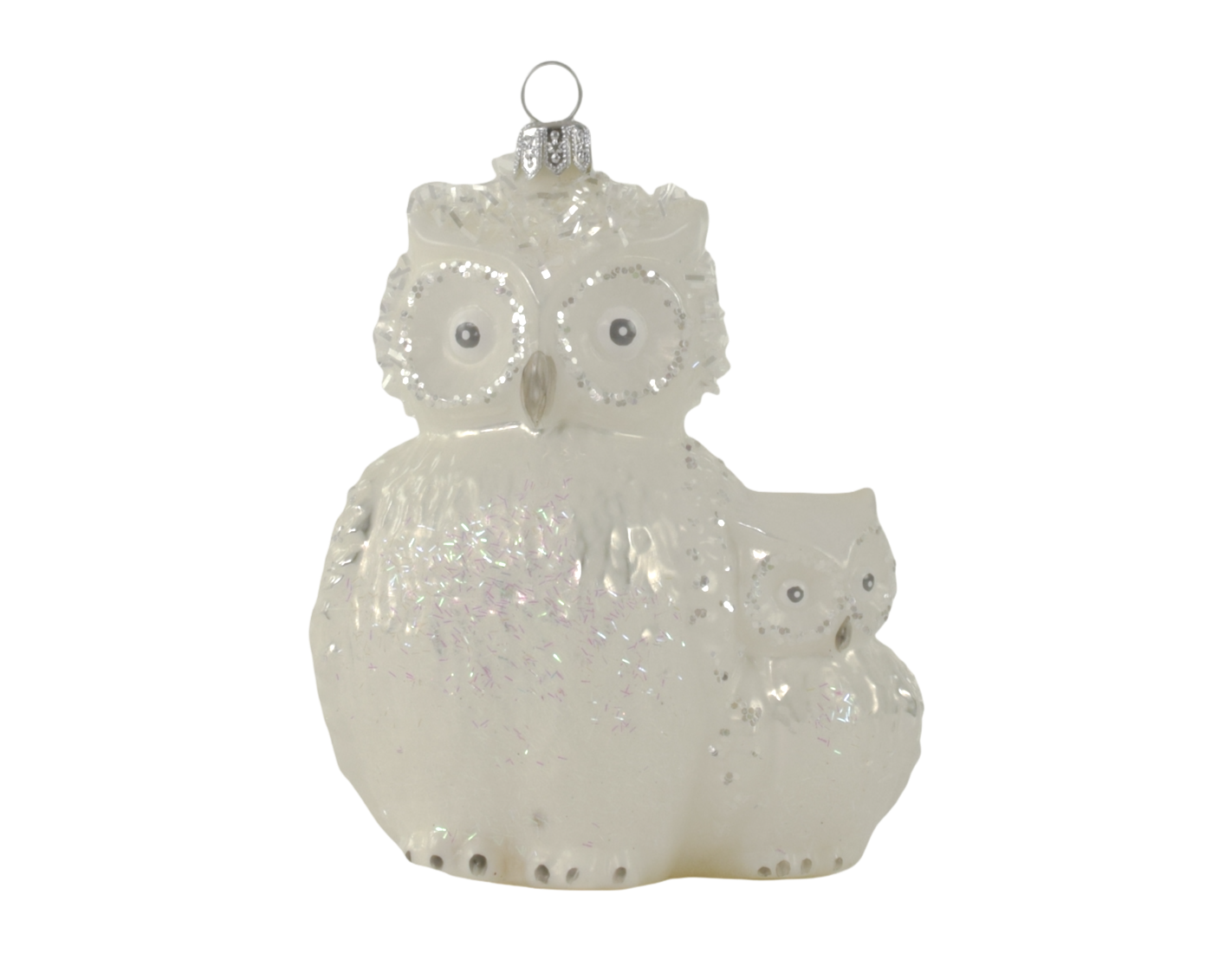 Boule de Noël hiboux blanc avec paillettes en verre soufflé