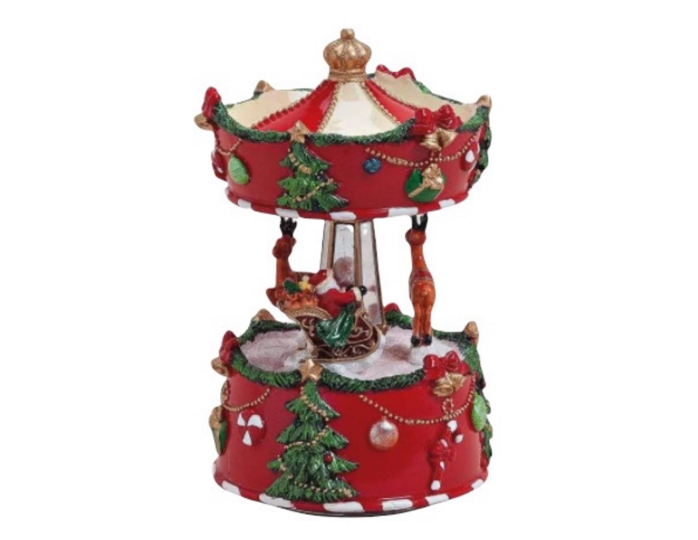 Boîte à musique carrousel rouge renne et Père Noël H 14cm